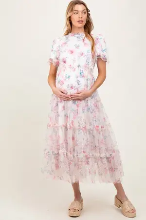 PINKBLUSH Floral Mesh Ruffle Tiered Midi Dress