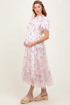PINKBLUSH Floral Mesh Ruffle Tiered Midi Dress
