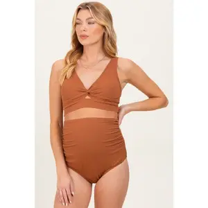 PINKBLUSH Ribbed Twist Front Cutout Two Piece Maternity Swimsuit - Rust