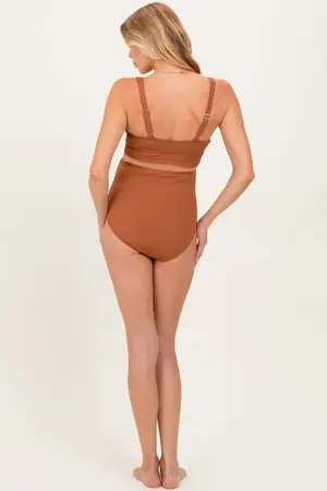 PINKBLUSH Ribbed Twist Front Cutout Two Piece Maternity Swimsuit - Rust