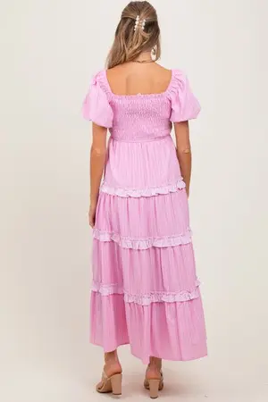 PINKBLUSH Smocked Ruffle Tiered Puff Sleeve Maxi Dress