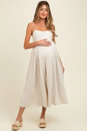 PINKBLUSH Linen Ribbon Pattern Embroidered Midi Dress