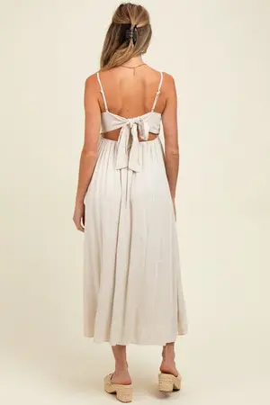 PINKBLUSH Linen Ribbon Pattern Embroidered Midi Dress