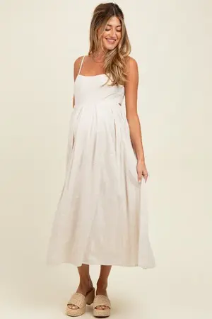 PINKBLUSH Linen Ribbon Pattern Embroidered Midi Dress