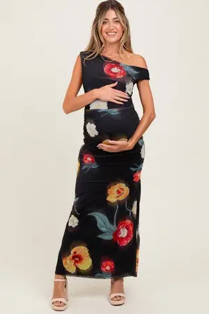 PINKBLUSH Mesh Floral One Shoulder Maxi Dress - Black