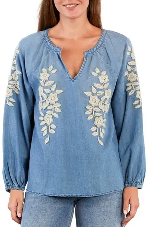 BILLY T Floral Embroidered Popover Top