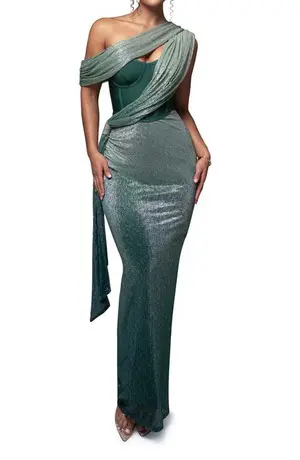 JLUXLABEL Celestina Metallic Drape Gown - Green