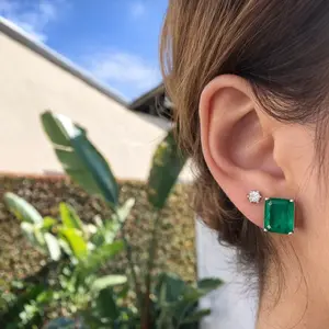 GEMMA AZZURRO Rectangular Simulated Emerald Stud Earrings