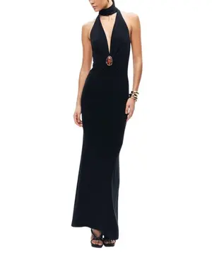 NOCTURNE Halter-neck Draped Maxi Dress - Black