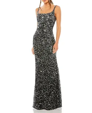 Mac Duggal Sequin Embellished Low Back Slip Gown - Black