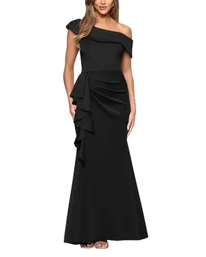 Aqua One-shoulder Ruffle Scuba Crepe Dress - Black