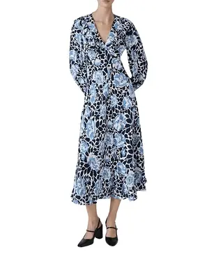 GHOST LONDON Noa Floral Crepe V-neck Midi Dress - Blue Floral
