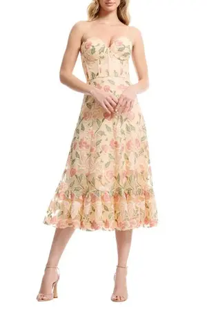 Dress The Population Carina Floral Appliqué Strapless Cocktail Dress Blush Multi