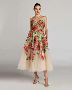 Mac Duggal Floral Embroidered Tulle Midi Dress
