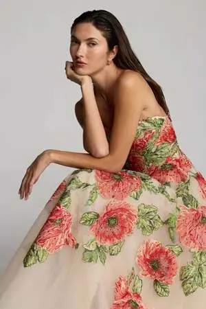 Mac Duggal Floral Embroidered Tulle Midi Dress