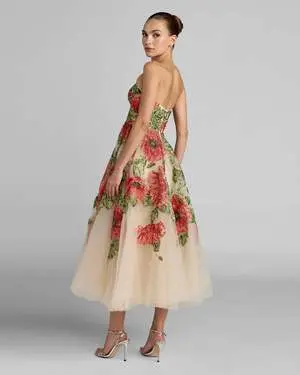 Mac Duggal Floral Embroidered Tulle Midi Dress