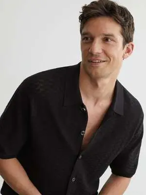 REISS Phoenix Textured-knit Button-through Shirt - Black