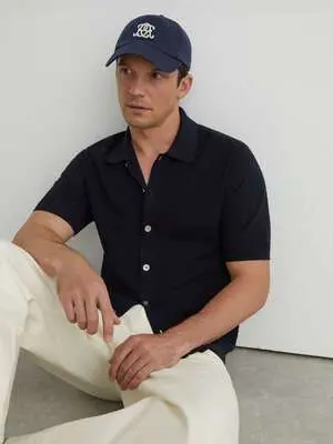 REISS Phoenix Textured-knit Button-through Shirt - Navy