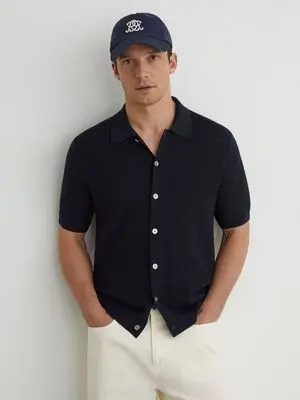 REISS Phoenix Textured-knit Button-through Shirt - Navy