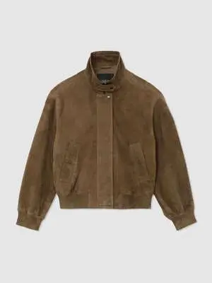 REISS Cara Suede Bomber Jacket - Neutral
