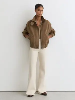 REISS Cara Suede Bomber Jacket - Neutral
