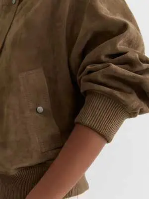 REISS Cara Suede Bomber Jacket - Neutral