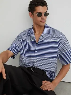REISS Solstice Striped Cuban-collar Shirt With Cotton - Bright Blue