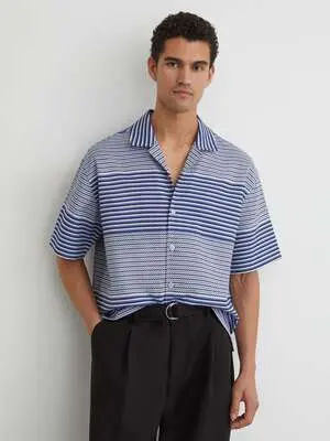 REISS Solstice Striped Cuban-collar Shirt With Cotton - Bright Blue