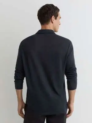 REISS Pembroke Linen Long-sleeve Knitted Polo Shirt - Navy
