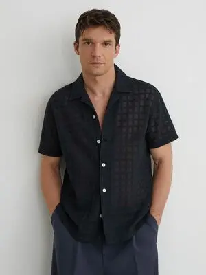 REISS Belardo Cotton-blend Crochet Tile-pattern Shirt - Navy