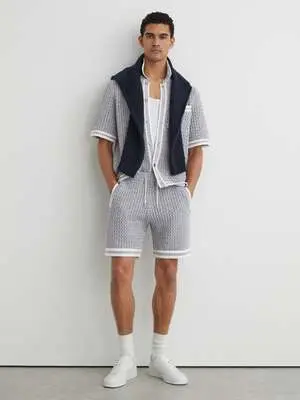 REISS Cotton Crochet Drawstring Shorts - Soft Blue