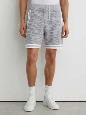 REISS Cotton Crochet Drawstring Shorts - Soft Blue