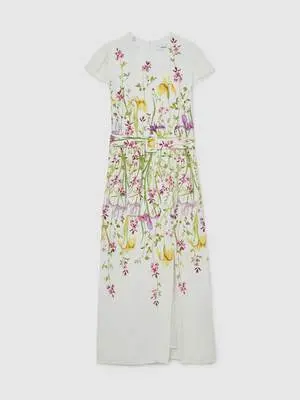 REISS Lyra Floral-print Belted Midi Dress - Cream/yellow