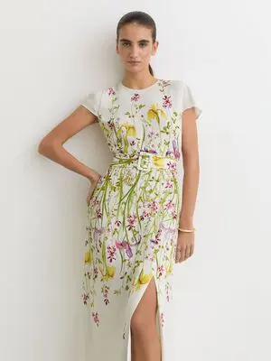 REISS Lyra Floral-print Belted Midi Dress - Cream/yellow