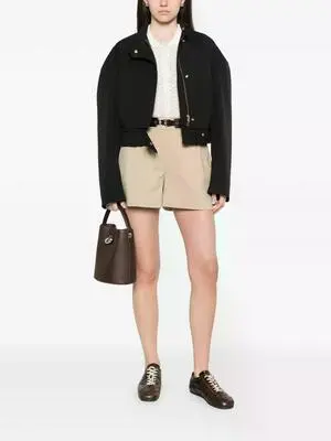 Maje High-waisted Cotton Blend Shorts With Leather Belt - Neutrals