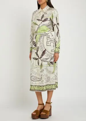 Tory Burch Printed Belted Silk Midi Shirt Dress - Multicoloured