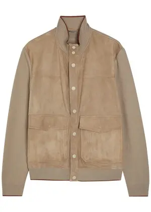 Canali Panelled Suede And Ribbed-knit Jacket - Stone
