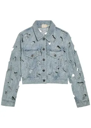 Alice + Olivia Chloe Embroidered Cut-out Denim Cropped Jacket - Blue