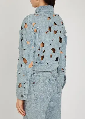 Alice + Olivia Chloe Embroidered Cut-out Denim Cropped Jacket - Blue