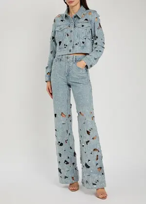 Alice + Olivia Chloe Embroidered Cut-out Denim Cropped Jacket - Blue