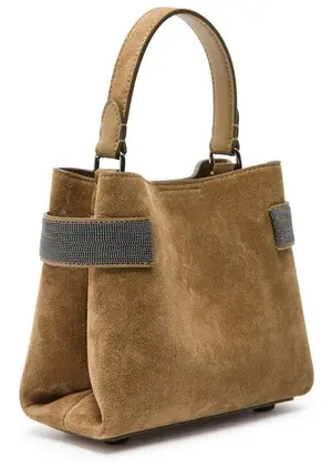 Brunello Cucinelli Mini Bead-embellished Suede Top Handle Bag - Dark Brown