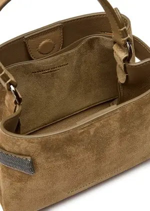 Brunello Cucinelli Mini Bead-embellished Suede Top Handle Bag - Dark Brown