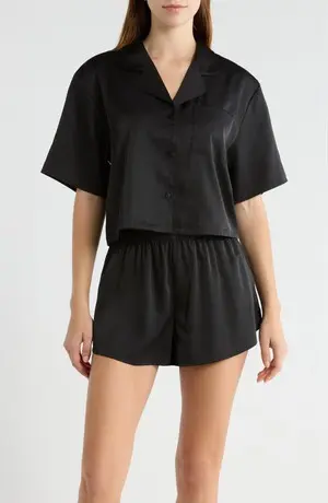 OPEN EDIT Boxy Stretch Satin Short Pajamas - Black