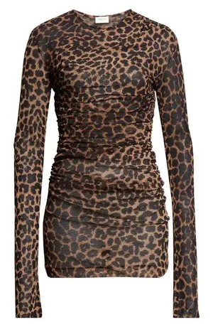 Saint Laurent Print Ruched Long Sleeve Minidress