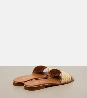 Prada Leather And Raffia Open Toe Slides