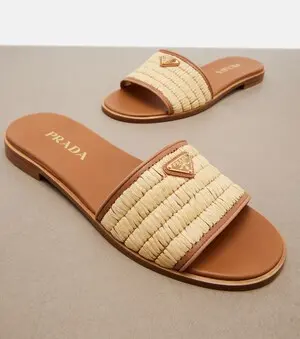Prada Leather And Raffia Open Toe Slides