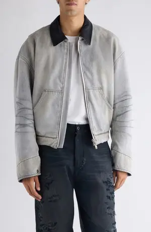 Acne Studios Faded Denim Jacket With Leather Collar - White/black
