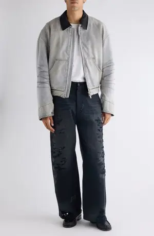 Acne Studios Faded Denim Jacket With Leather Collar - White/black