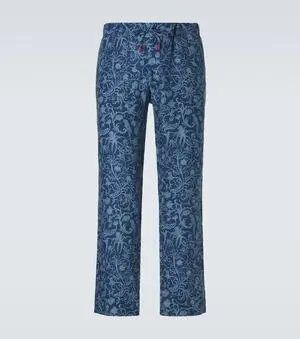 Kiton Printed Linen Straight Pants - Blue