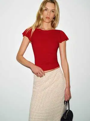 REFORMATION Jensen Knit Top With Flutter Sleeves - Red